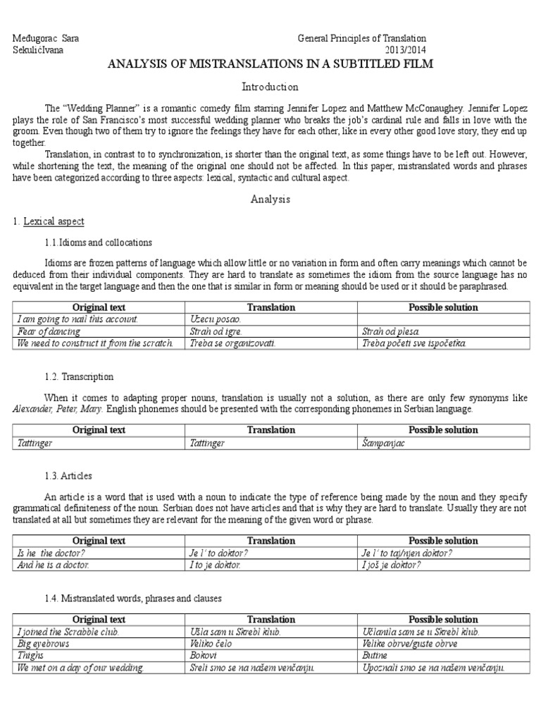 Analysis of Mistranslations in A Subtitled Film: 1. Lexical Aspect ...