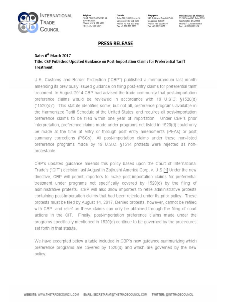 CBP Published Updated Guidance On Post-Importation Claims For ...