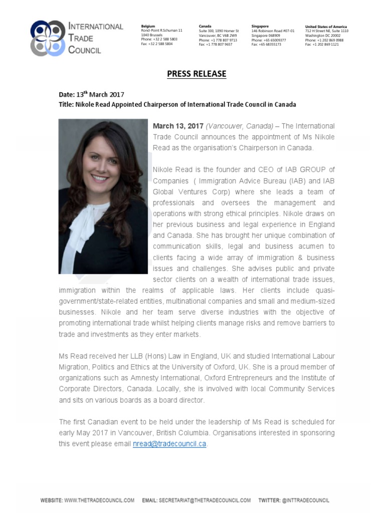Nikole Read Appointed ITC Chairperson | PDF | Canada | United Kingdom