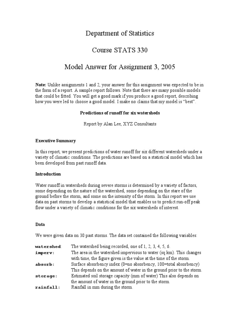 Department of Statistics Course STATS 330 Model Answer For Assignment 3 ...