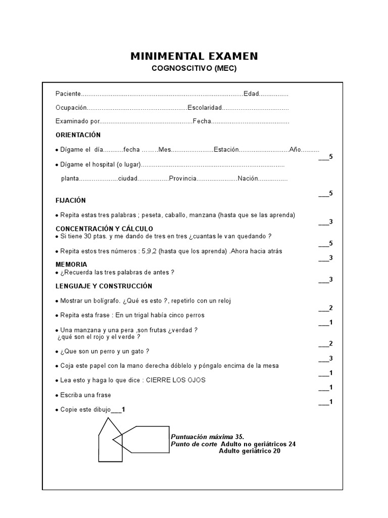 Mini-Examen Cognoscitivo: Guía y Aplicación | PDF | Sustracción ...