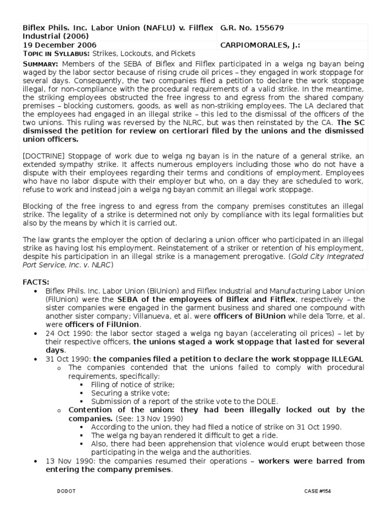 Biflex Phils. Inc. Labor Union (NAFLU) v. Filflex Industrial | PDF ...