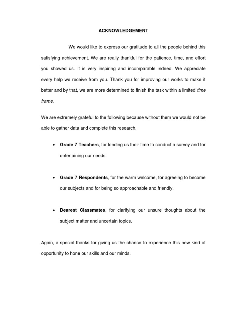 Acknowledgement | PDF | Survey Methodology | Behavioural Sciences