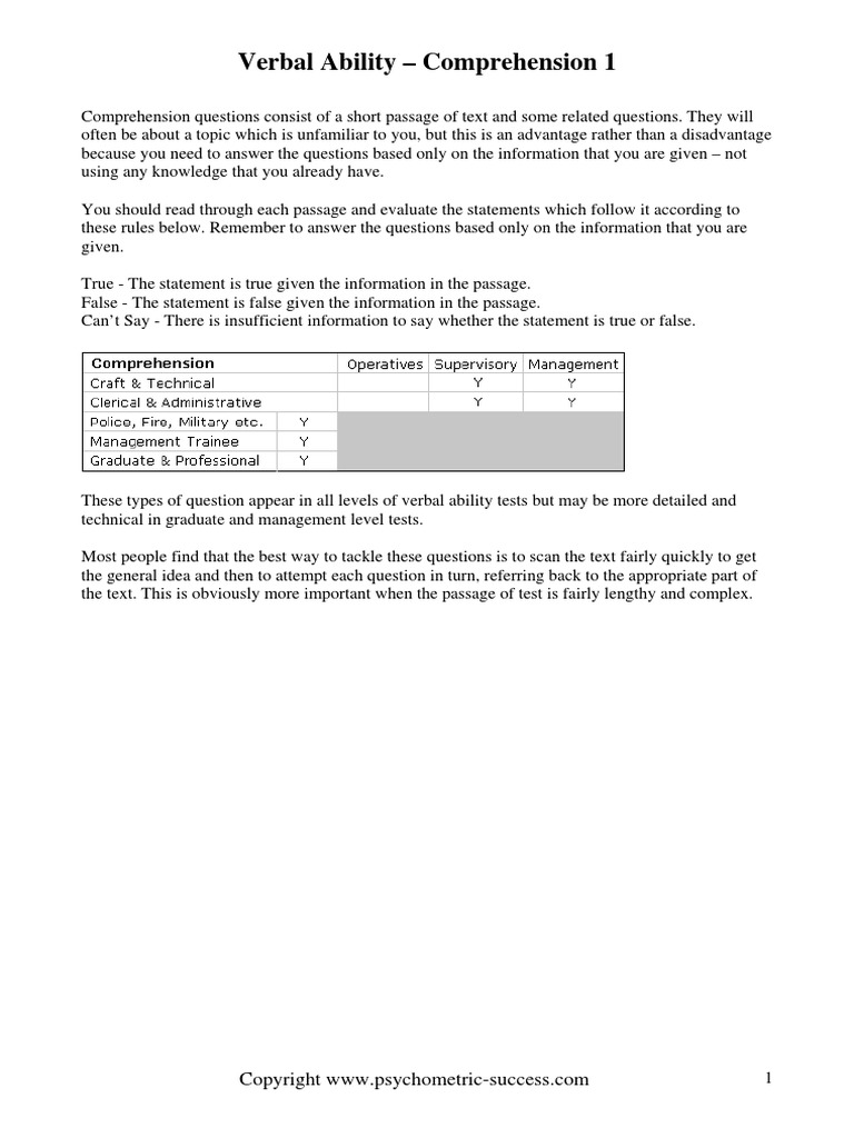 Psychometric Success Verbal Ability Comprehension Practice Test 1 | PDF ...