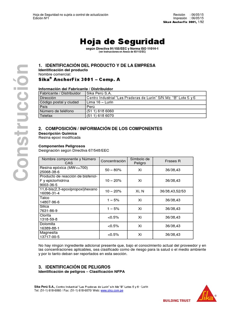 Hoja MSDS - Sika AnchorFix-3001 | PDF | Residuos | Dióxido de carbono