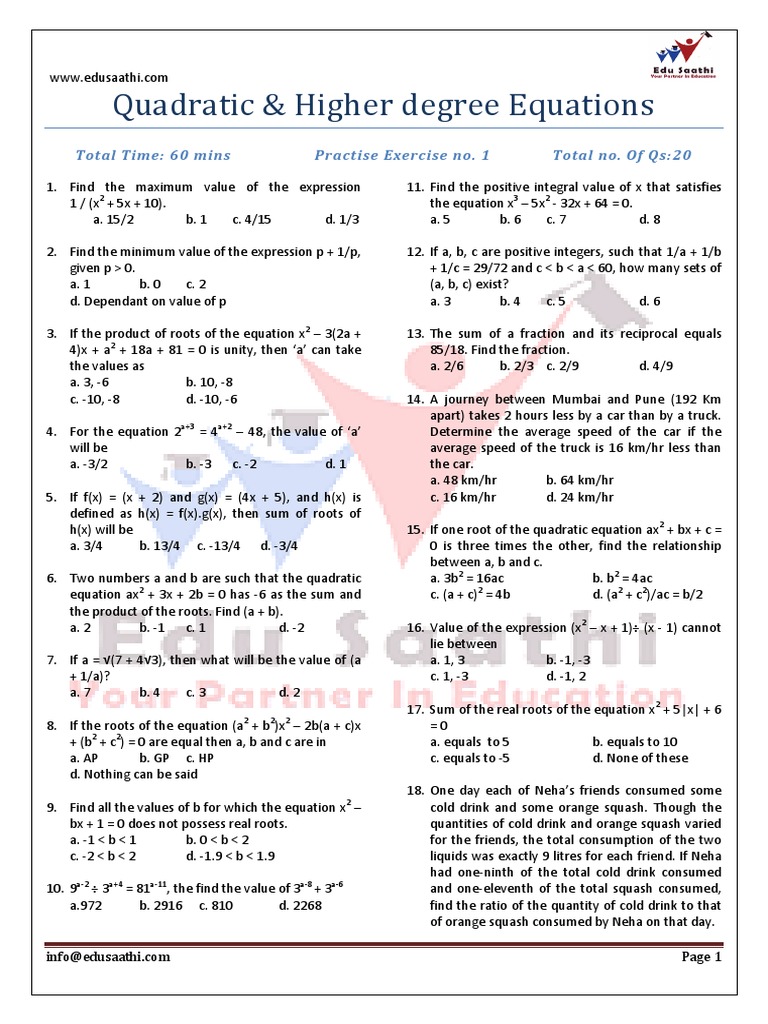 Quadratic & Higher Degree Equations | PDF | Quadratic Equation | Polynomial