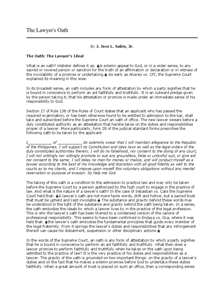 The Lawyer's Oath: Upholding Duties and Responsibilities | PDF | Oath ...