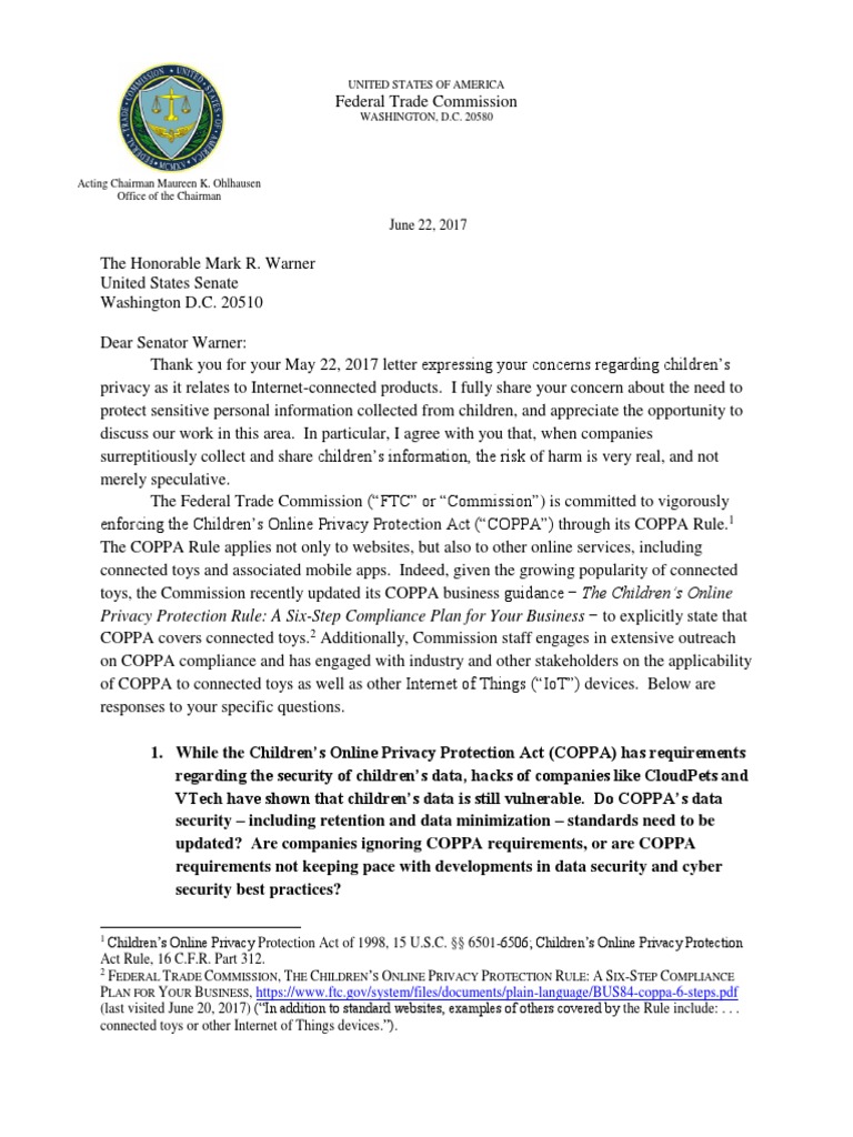 2017.06.21 Response to Senator Warner Letter | Federal Trade Commission ...