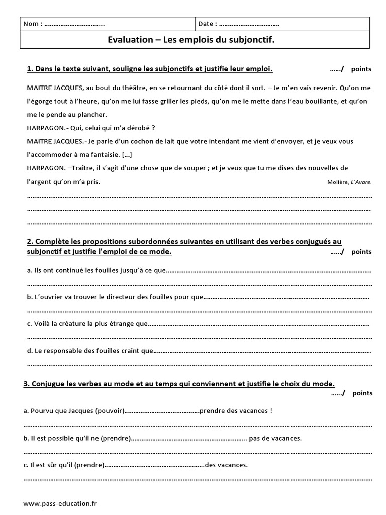 Emplois Du Subjonctif 4ème Evaluation Avec Le Corrigé PDF | PDF | Syntaxe | Grammaire