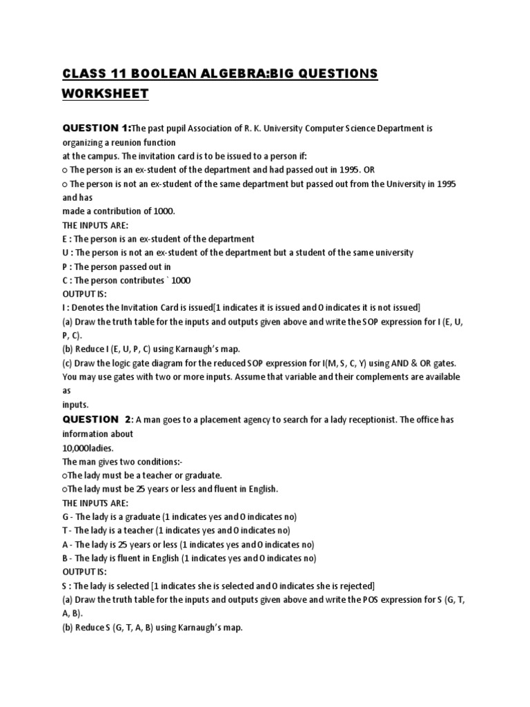 Class 11 Boolean Algebra | PDF | Boolean Algebra | Teaching Mathematics