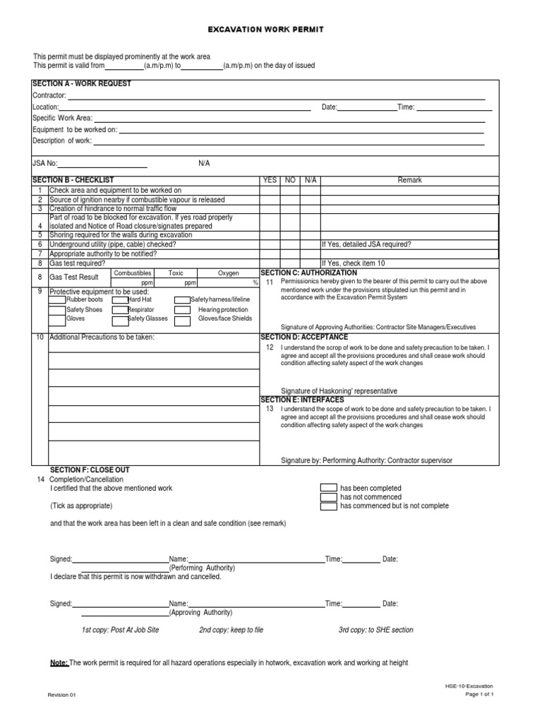 HSE 10 Excavation Permit | PDF | Safety | Nature