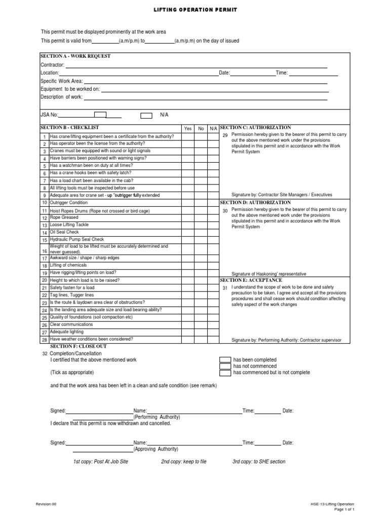 HSE 13 Lifting Operation Permit | Crane (Machine) | Business