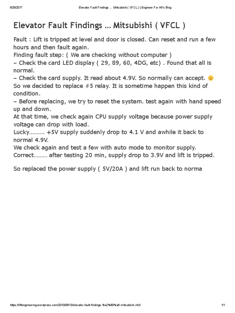 Elevator Fault Findings Mitsubishi (VFCL) - Engineer For All's Blog | PDF