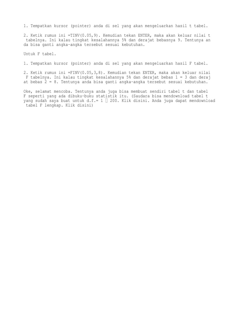 Tabel T Dan F Excel | PDF