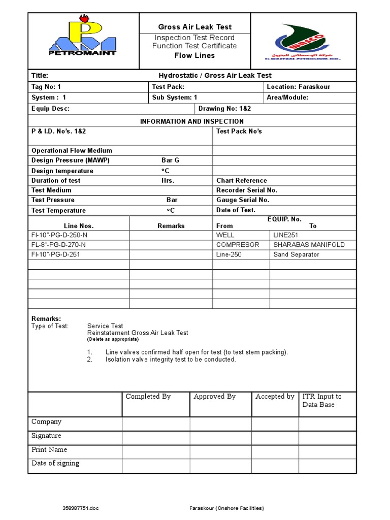 Lines Piping - Gross Air Leak Test | PDF | Leak | Building Engineering