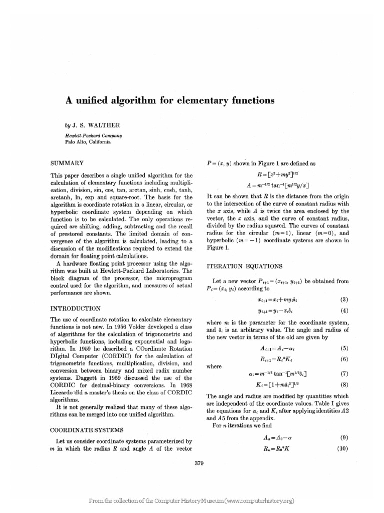 A Unified Algorithm For Elementary Functions | PDF | Trigonometric Functions | Sine