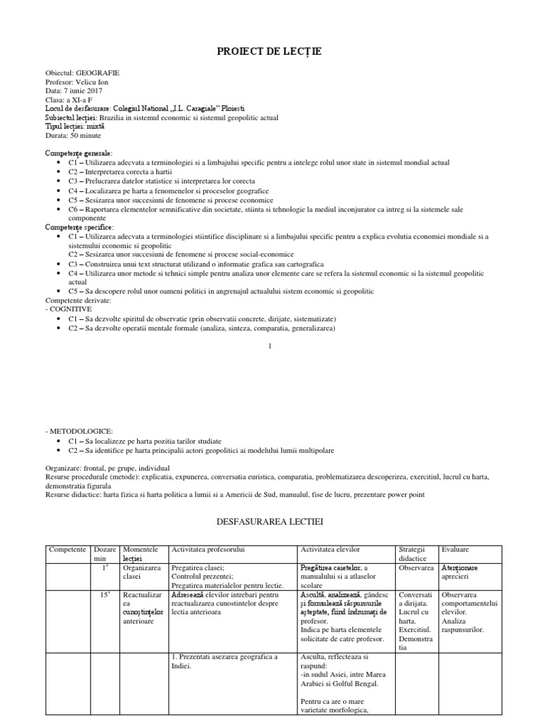 Proiect Didactic Geografie Clasa XI | PDF
