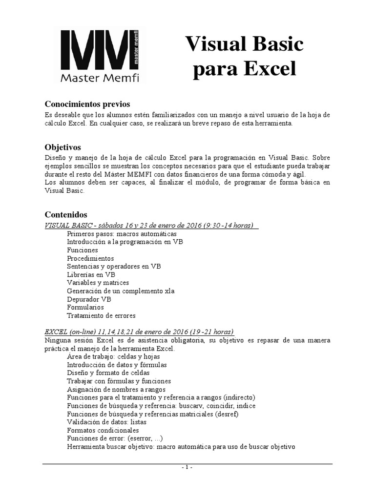 Syllabus Vba | PDF | Básico | Microsoft Excel