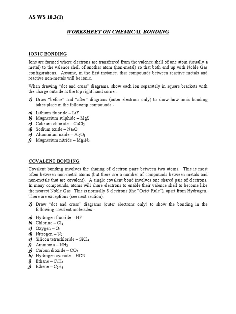 As Ws 10.3 (1) Chemical Bonding | PDF | Chemical Bond | Covalent Bond