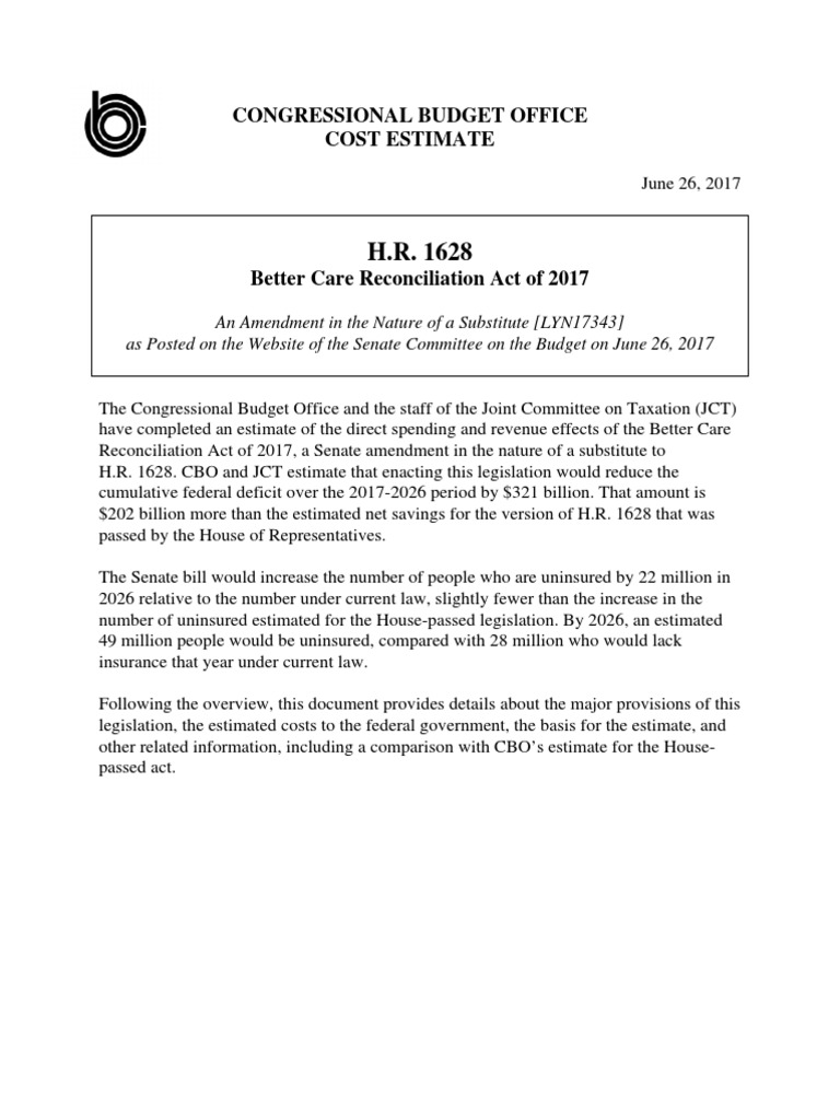 CBO Cost Estimate of Senate Obamacare Repeal Bill | PDF | Baseline ...