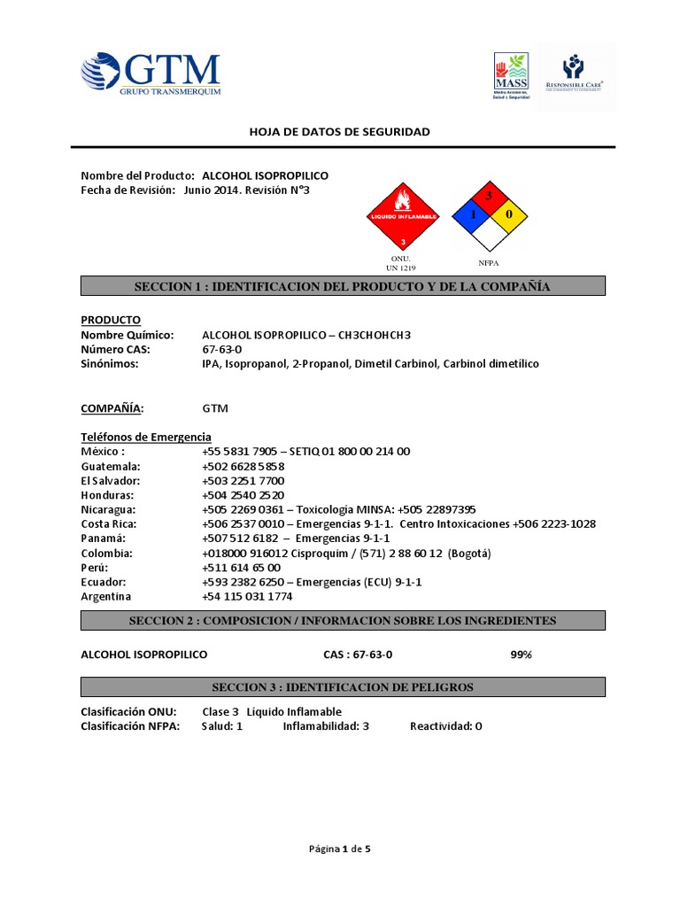 MSDS Alcohol Isopropílico PDF | Combustión | Solubilidad