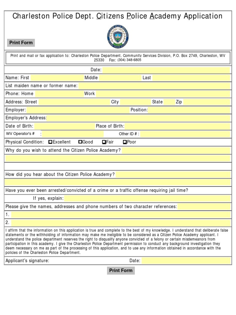 Charleston Police Dept. Citizens Police Academy Application: Print Form ...