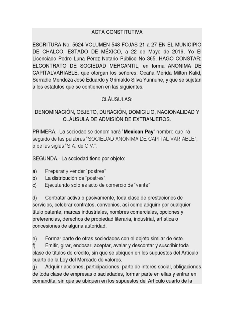 Acta Constitutiva | Descargar gratis PDF | Sociedad de responsabilidad limitada | Economias