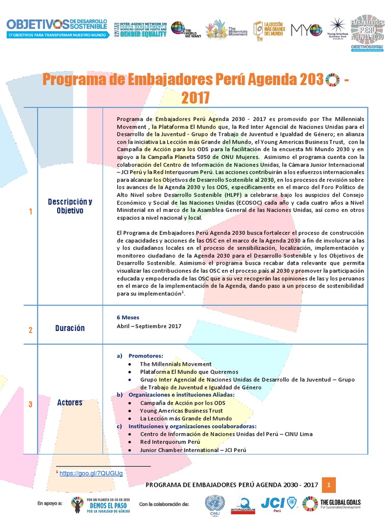Programa de Embajadores Perú Agenda 203 - Documento Resumen | PDF | Naciones Unidas | Relaciones ...