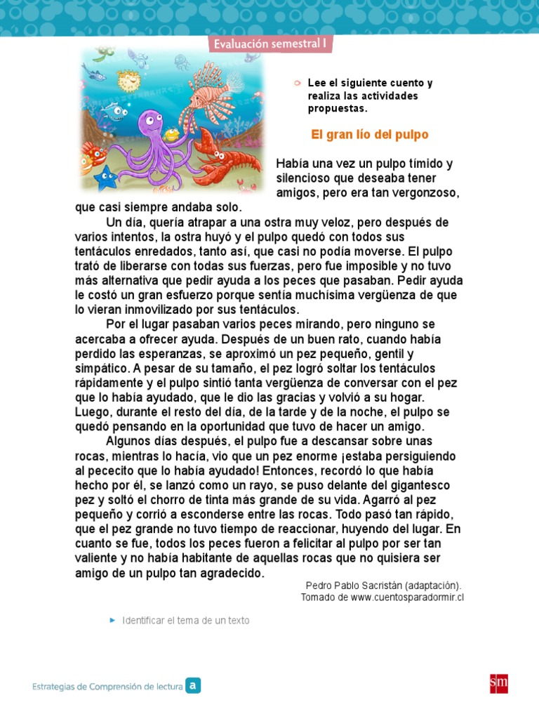 ComprensiondelecturaA - Evaluacion 1 | PDF | Pluma | Pulpo