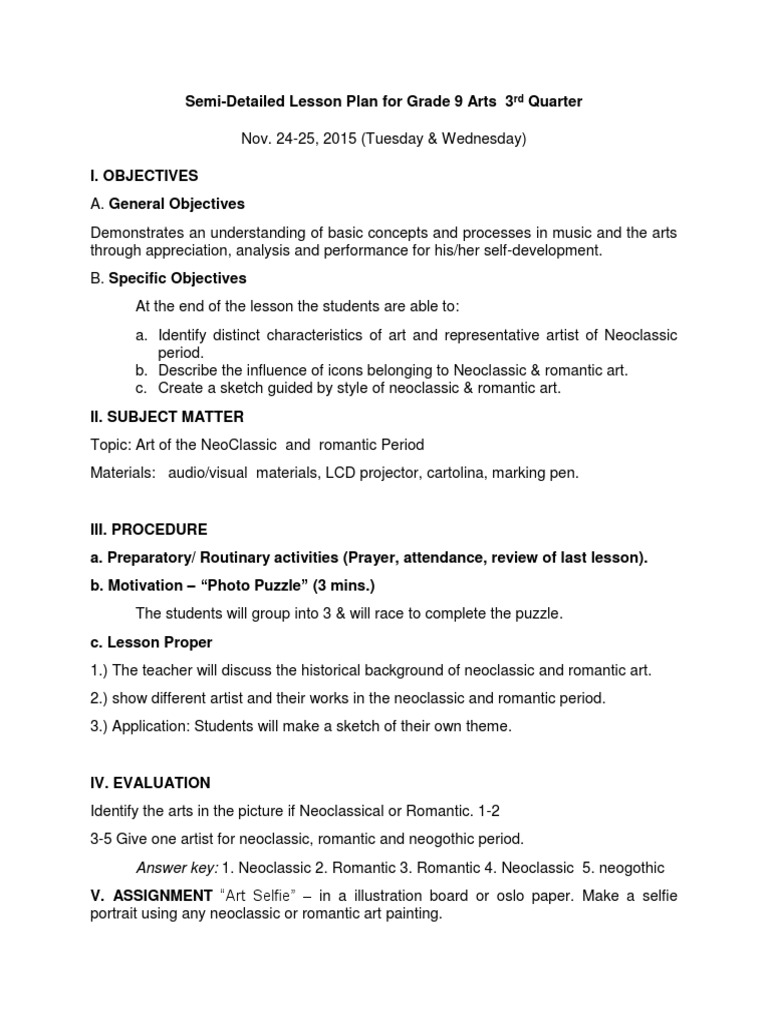 Semi Detailed Lesson Plan in Arts Grade 9 Week 1 | PDF | Lesson Plan ...