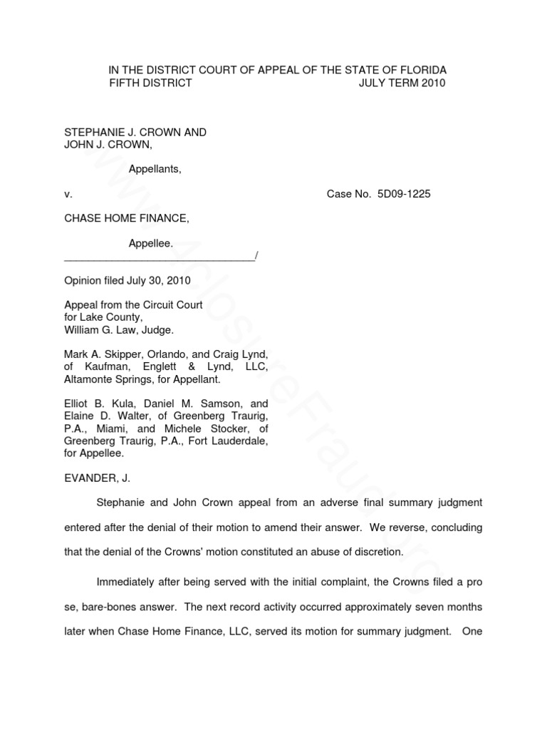 FL 5th DCA Summary Judgment Reversed - Stephanie J. Crown V Chase Home ...