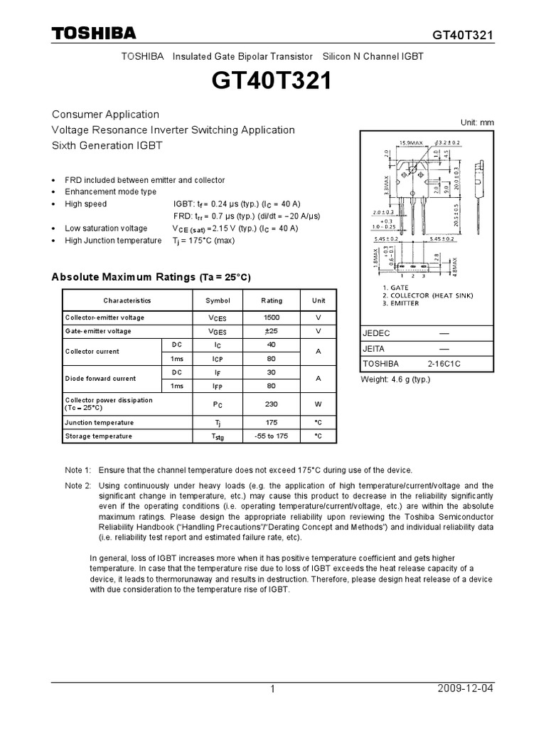 G T 4 0 T 3 2 1 Igbt - 1500V - 40A - TOSHIBA PDF | PDF | Field Effect ...