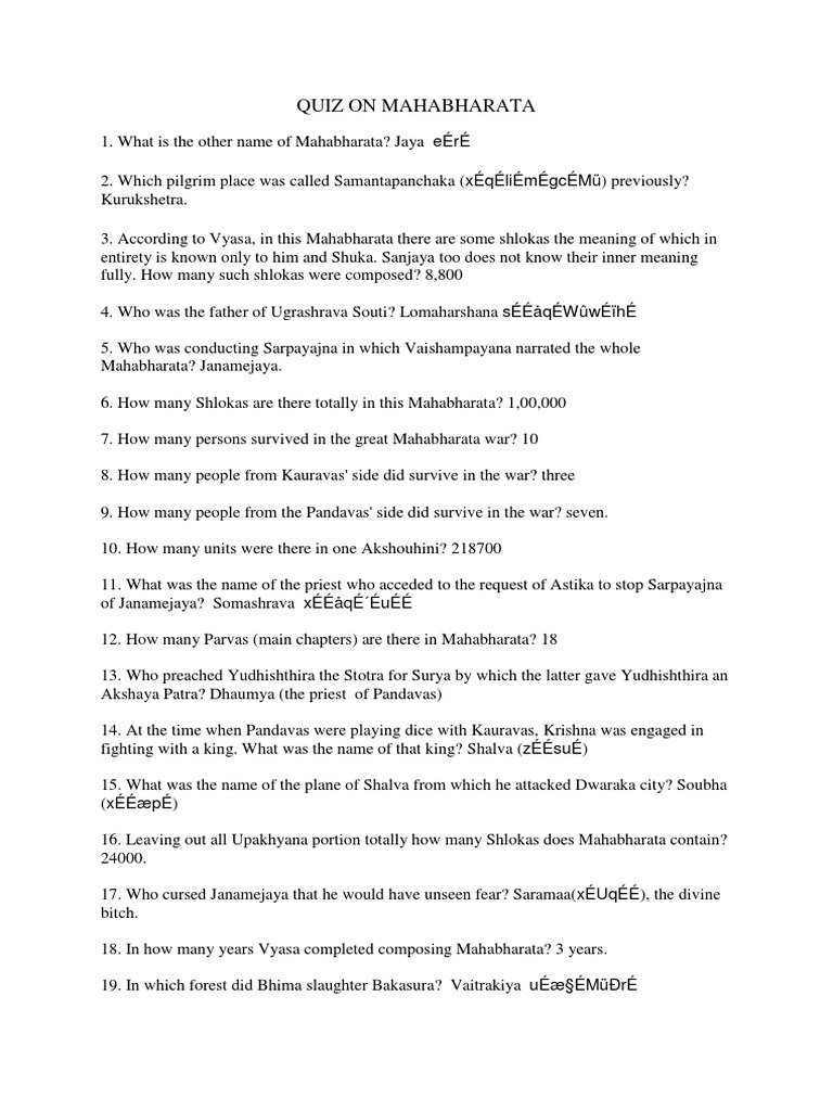 Quiz On Mahabharata | PDF | Mahabharata | Ancient Indian Literature