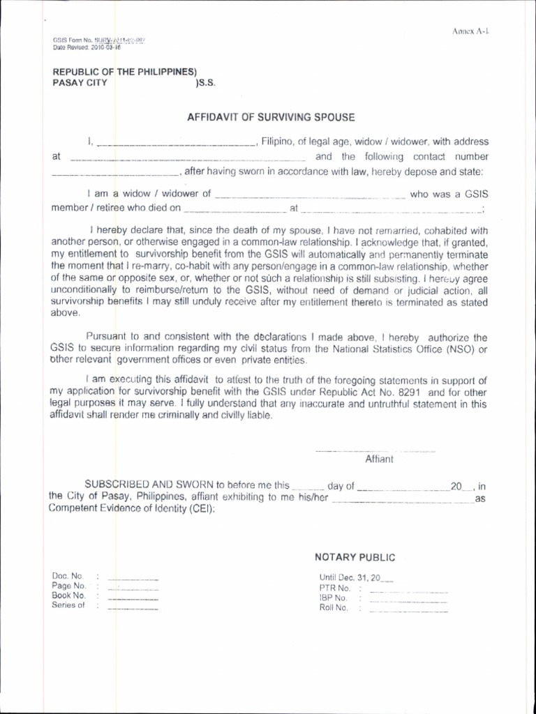 Affidavit of Surviving Spouse Gsis