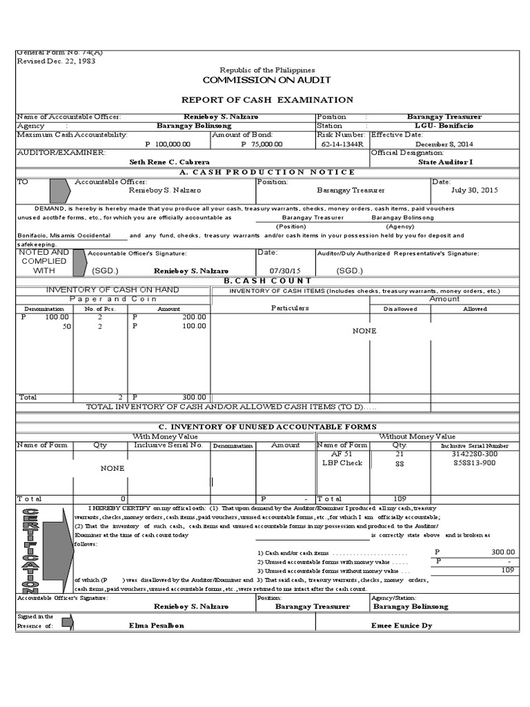 Cash Examination Report for Barangay | PDF | Cheque | Debits And Credits