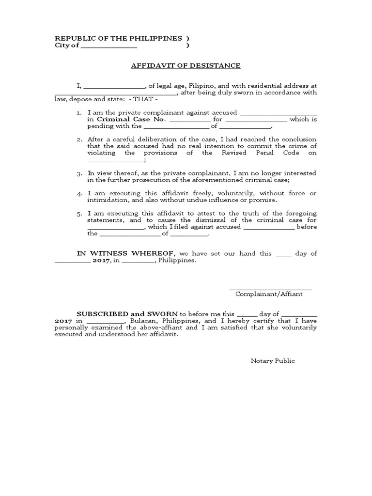 Affidavit of Desistance 2 Template