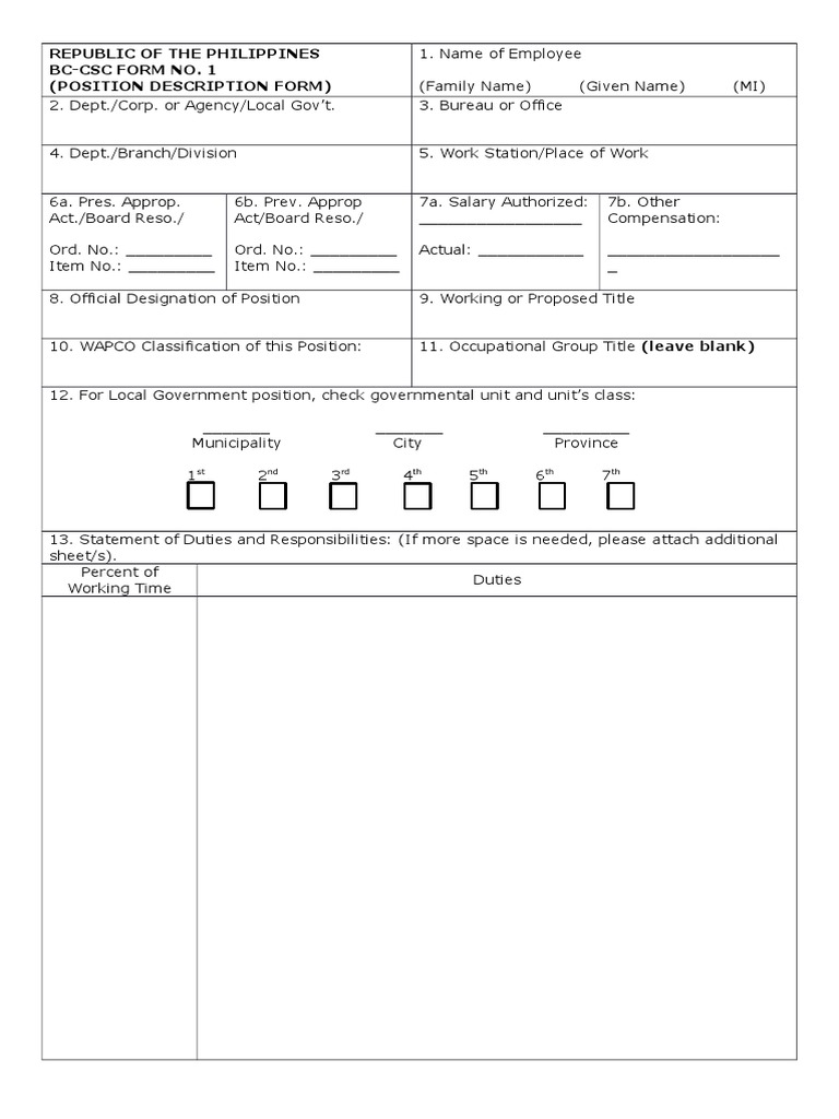 Republic of The Philippines BC-CSC Form No. 1 (Position Description ...