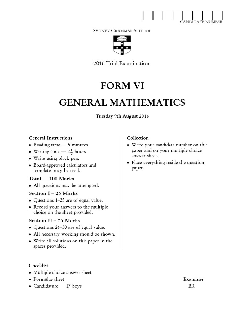 2016 General Maths - Sydney Grammar Trial With Solutions | PDF ...