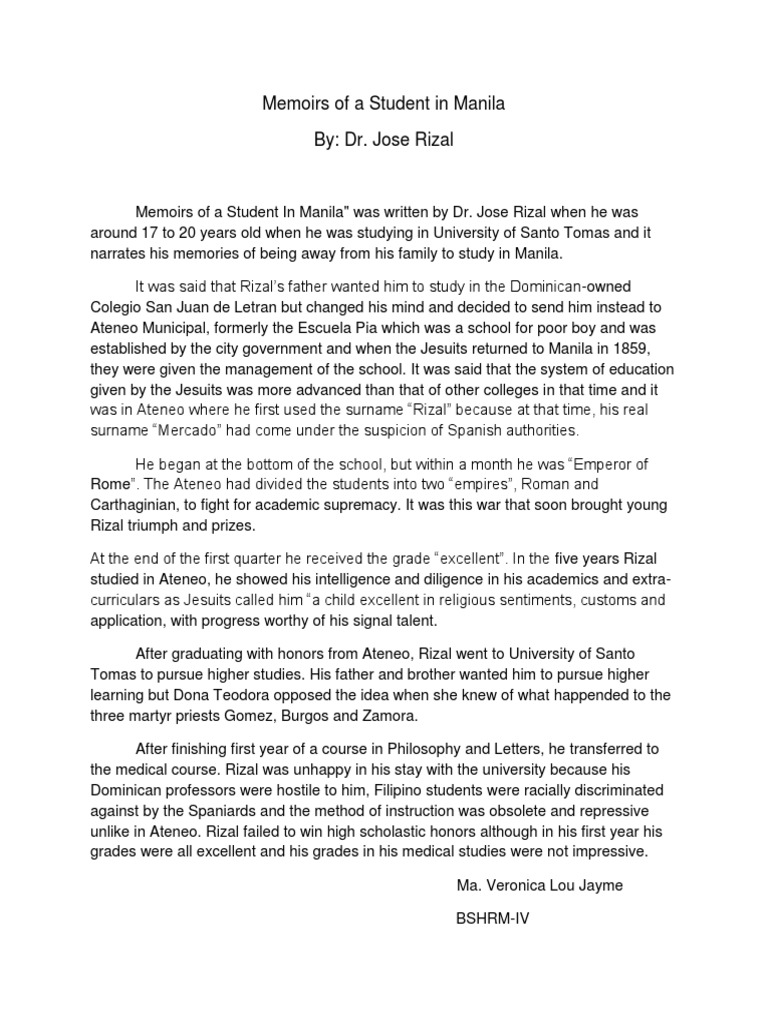 Memoirs of A Student in Manila By: Dr. Jose Rizal | PDF | Manila ...