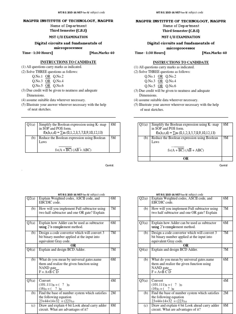 MST-I or II Paper Format | PDF | Binary Coded Decimal | Boolean Algebra