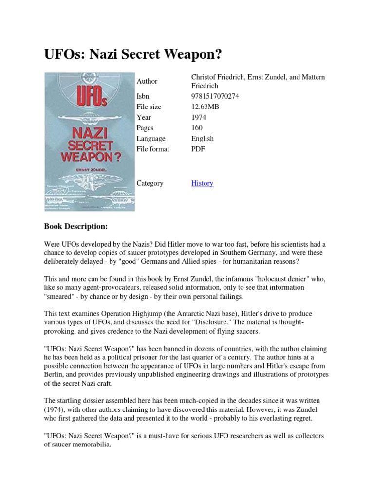 Ufos: Nazi Secret Weapon?: Book Description | PDF