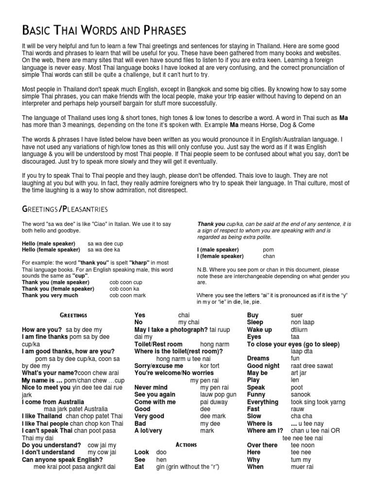 Basic Words and Phrases in Thai Language | PDF | Thai Language | Tone ...