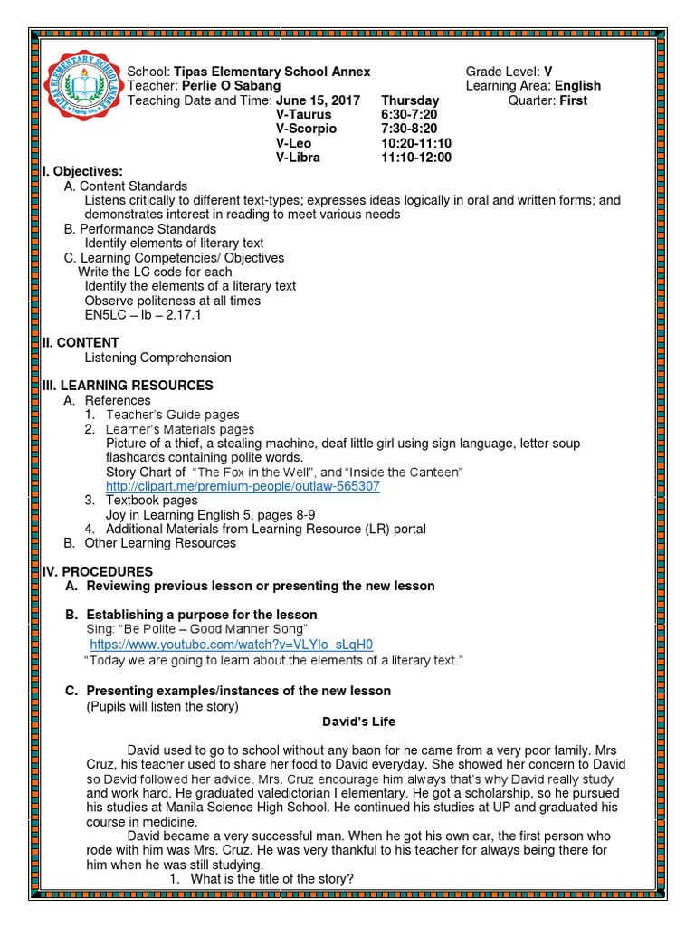 Identifying Elements of Literary Texts: A Lesson Plan on Short Story ...