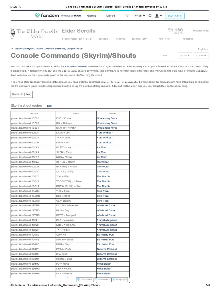Console Commands (Skyrim) - Shouts - Elder Scrolls - Fandom Powered by ...