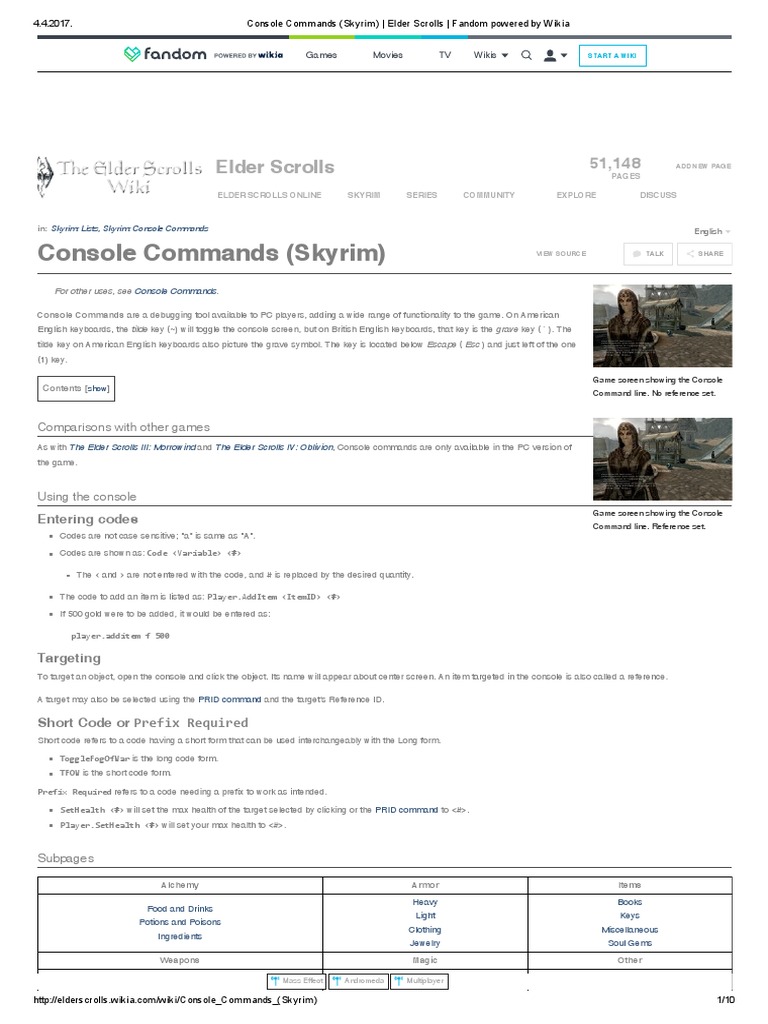 Console Commands (Skyrim) - Elder Scrolls - Fandom Powered by Wikia ...