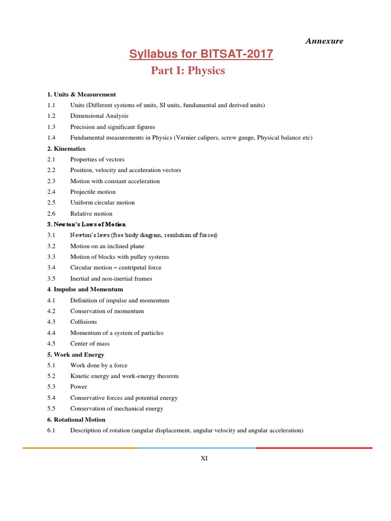 Syllabus For BITSAT-2017 Part I: Physics: Annexure | PDF | Integral ...