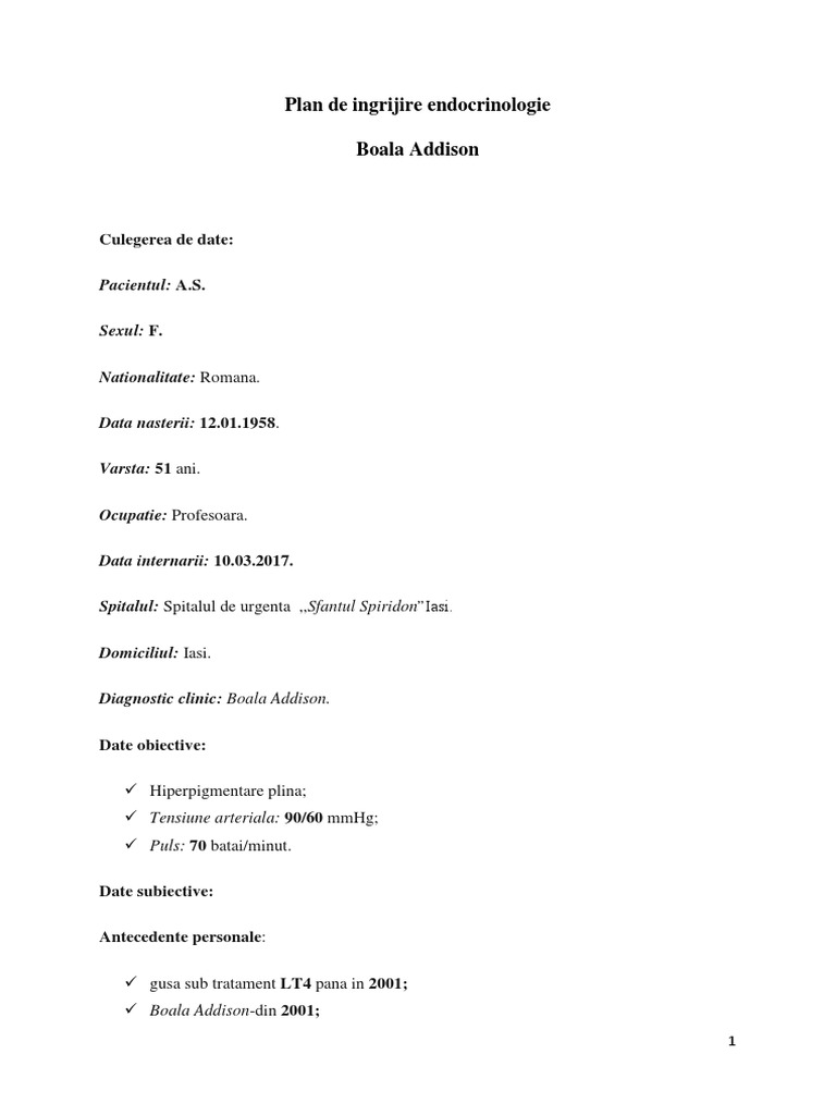 Plan de Ingrijire Boala Addison Endocrinologie | PDF