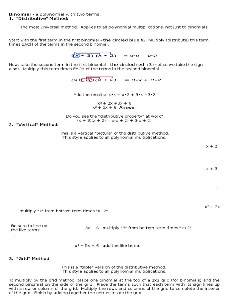 Binomial - A Polynomial With Two Terms.: 1. "Distributive" Method | PDF ...