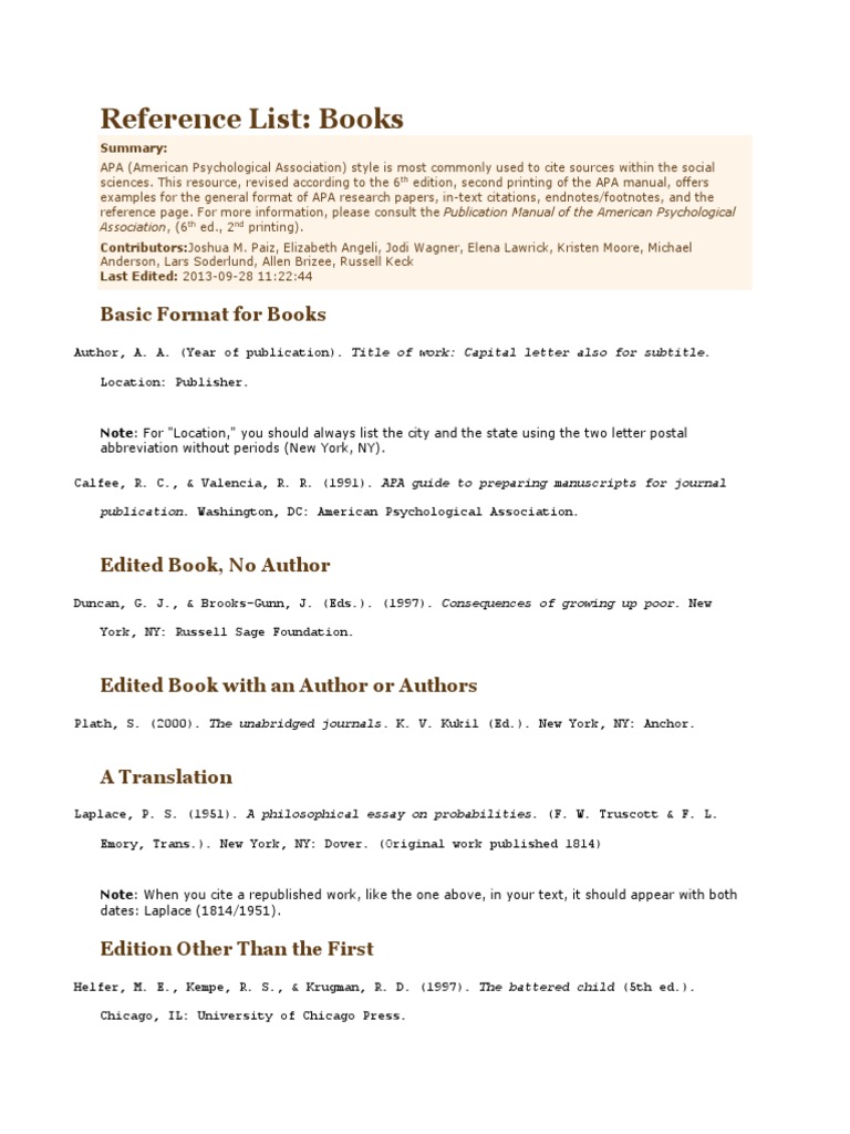 Reference List: Books: Basic Format For Books | PDF | American ...