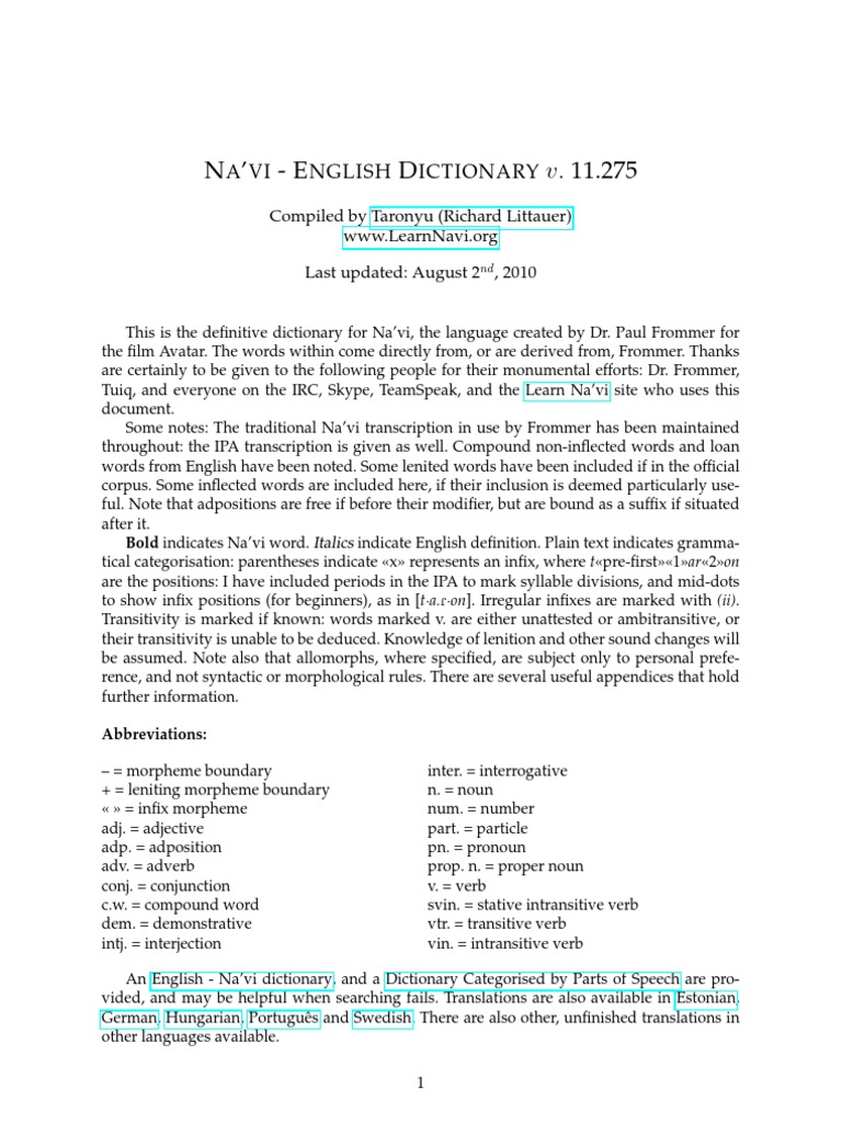 Navi Dictionary | PDF | Vocabulary | Morphology